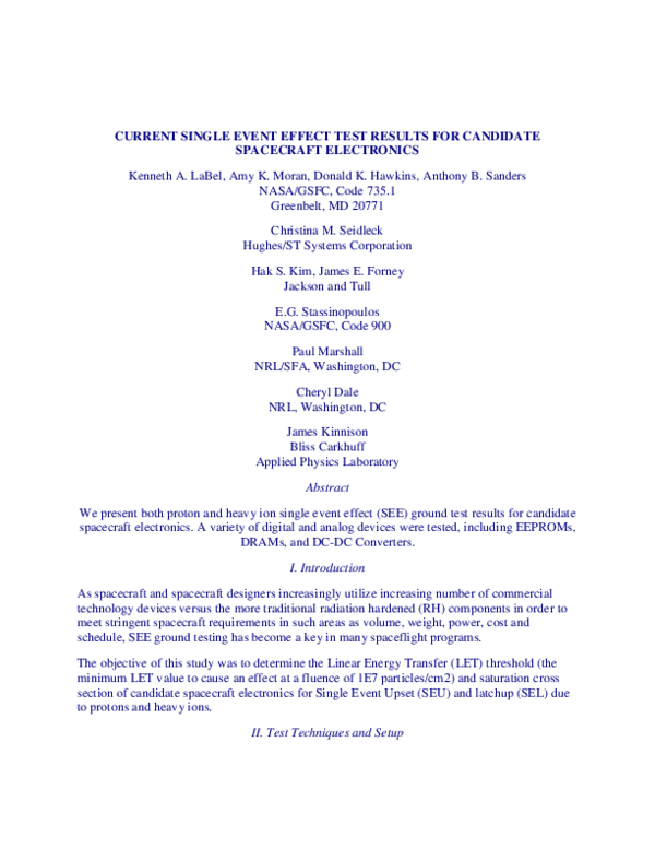 Pdf Current Single Event Effect Test Results For Candidate Spacecraft Electronics