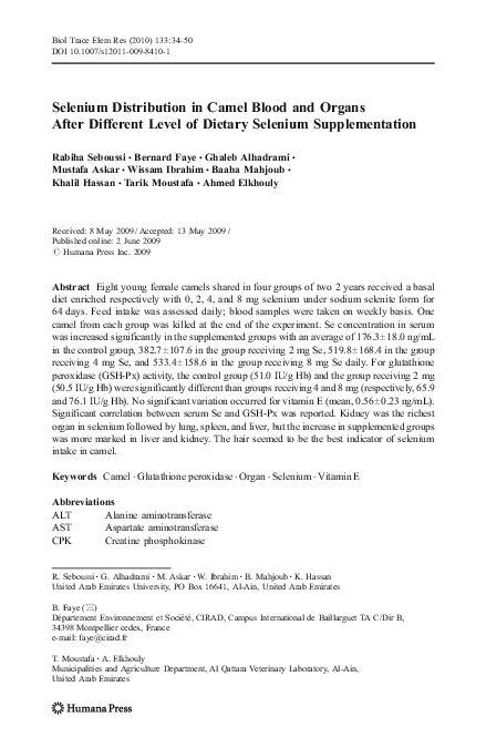 (PDF) Selenium Distribution in Camel Blood and Organs After Different Level of Dietary Selenium ...