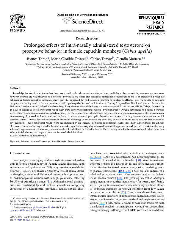 (PDF) Prolonged effects of intra-nasally administered testosterone on ...
