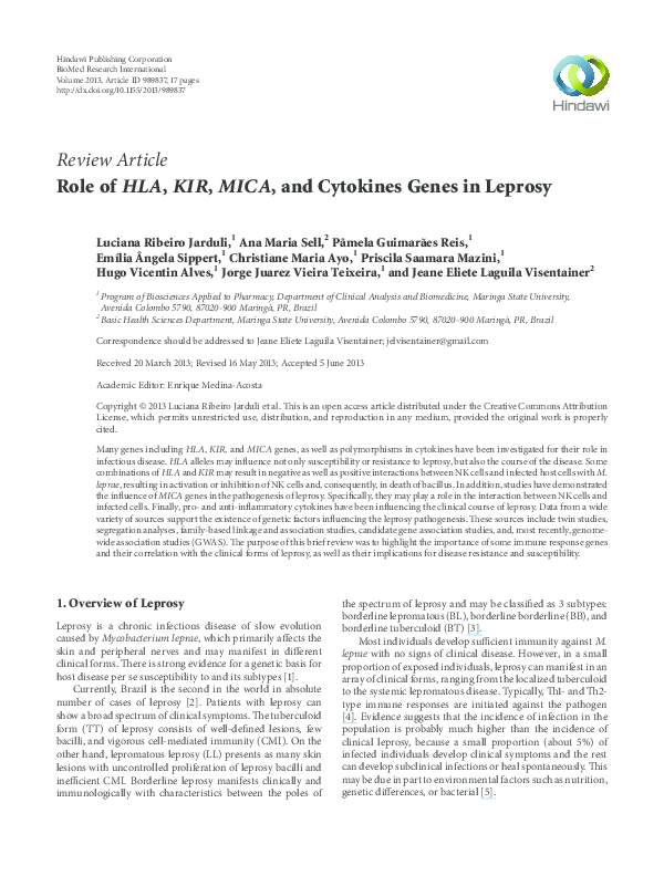 (PDF) Role of HLA, KIR, MICA, and Cytokines Genes in Leprosy