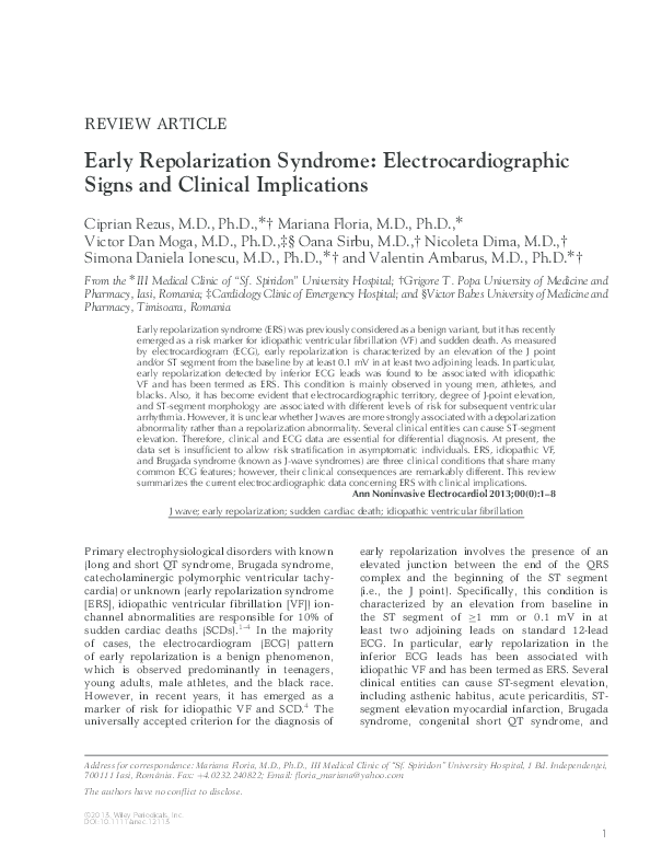 (PDF) Early Repolarization Syndrome: Electrocardiographic Signs and ...