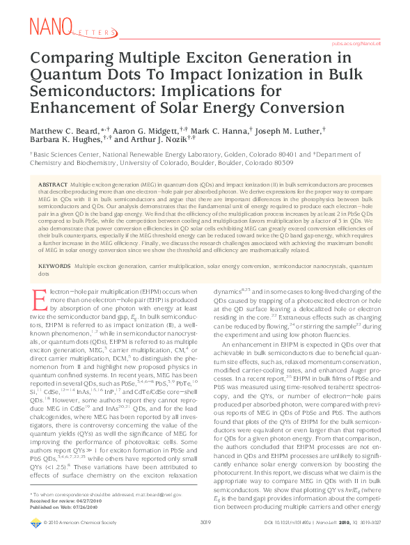 (PDF) Comparing Multiple Exciton Generation in Quantum Dots To Impact ...