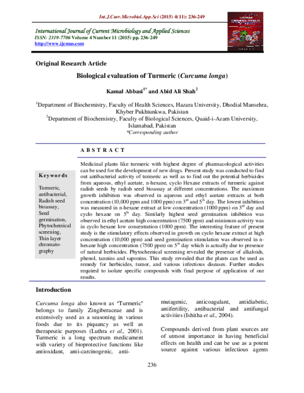 (PDF) Biological evaluation of Turmeric (Curcuma longa) (PDF) Biological evaluation of Turmeric (Curcuma longa)