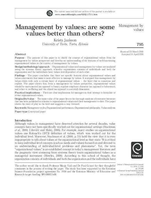 (PDF) Management by values: are some values better than others?