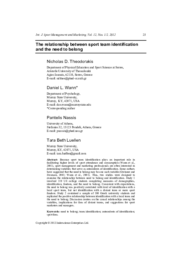 (PDF) The relationship between sport team identification and the need ...