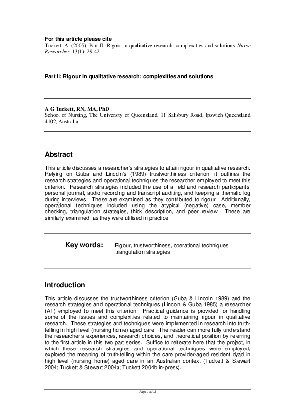(PDF) Part II. Rigour in qualitative research: complexities and solutions