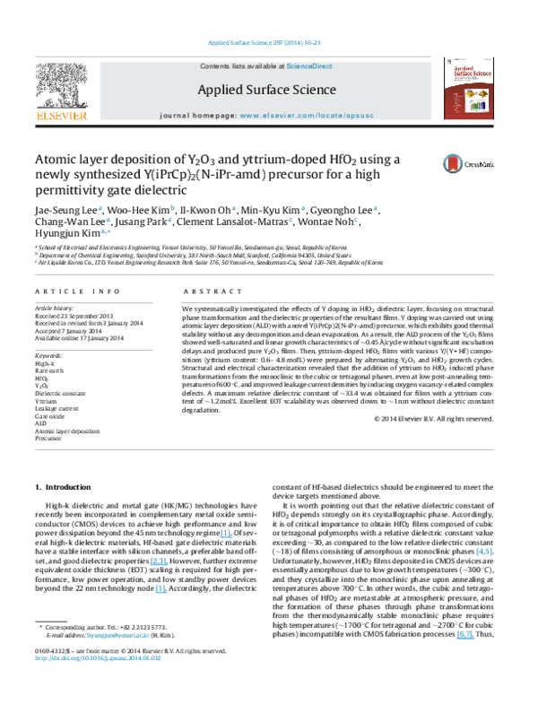 (PDF) Atomic layer deposition of Y2O3 and yttrium-doped HfO2 using a newly synthesized Y(iPrCp)2 ...