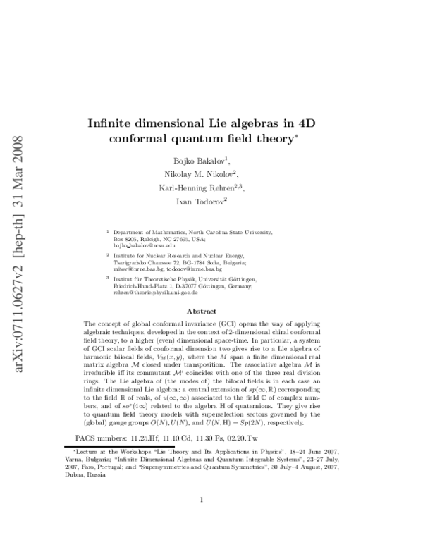 Pdf Infinite Dimensional Lie Algebras In 4d Conformal Field Theory