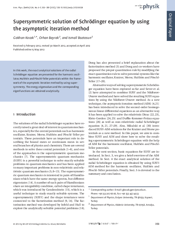 (PDF) Supersymmetric solution of Schrödinger equation by using the asymptotic iteration method