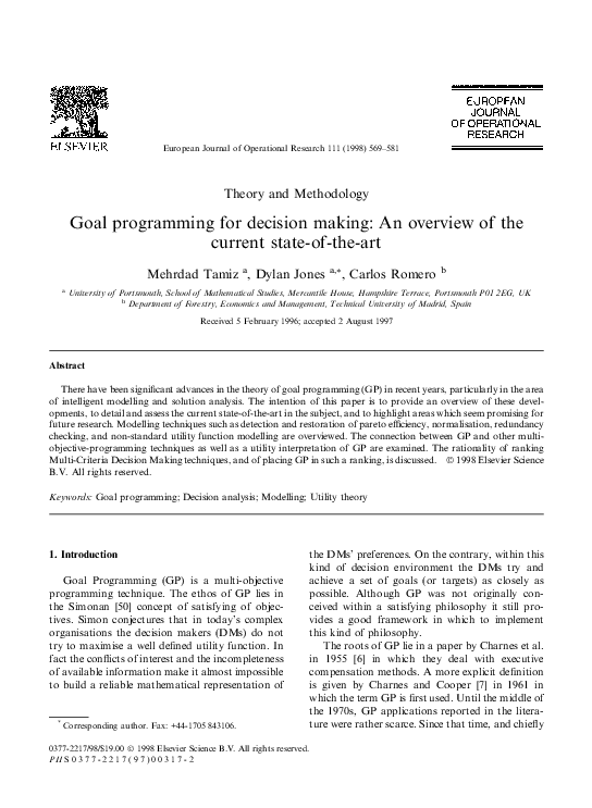 (PDF) Goal programming for decision making: An overview of the current ...