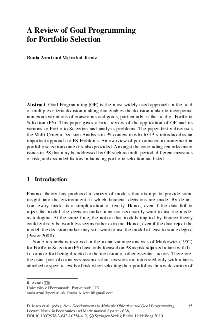 (PDF) A Review of Goal Programming for Portfolio Selection