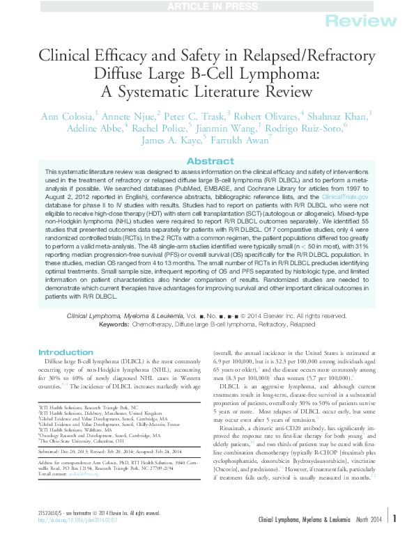 Pdf Clinical Efficacy And Safety In Relapsed Refractory Diffuse Large
