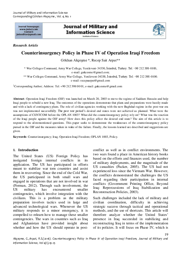 (PDF) Counterinsurgency Policy in Phase IV of Operation Iraqi Freedom