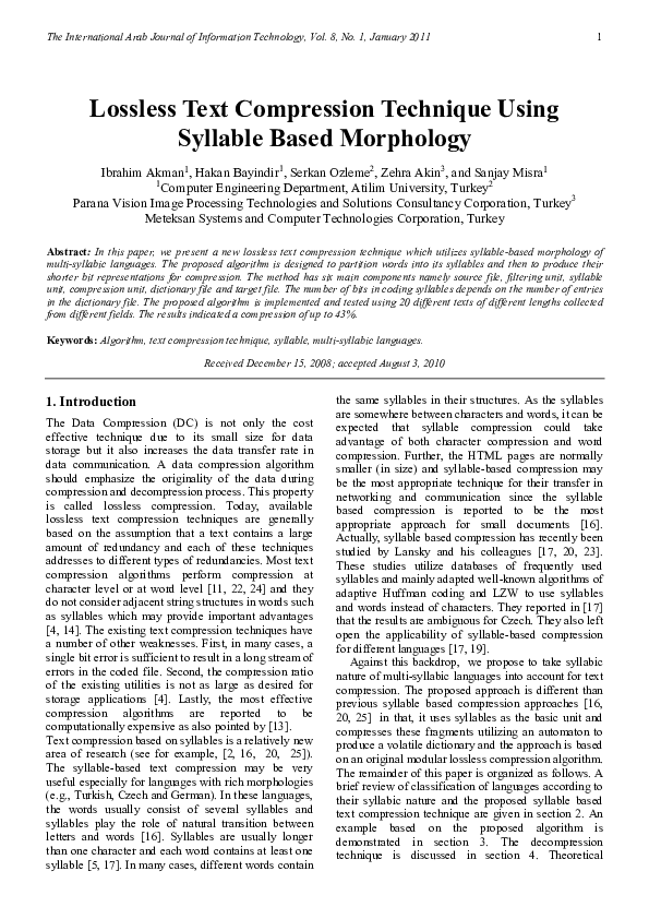 Pdf A Lossless Text Compression Technique Using Syllable Based Morphology