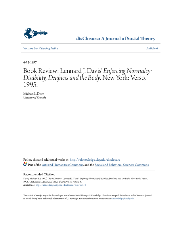 (PDF) Book Review: Lennard J. Davis' Enforcing Normalcy: Disability ...