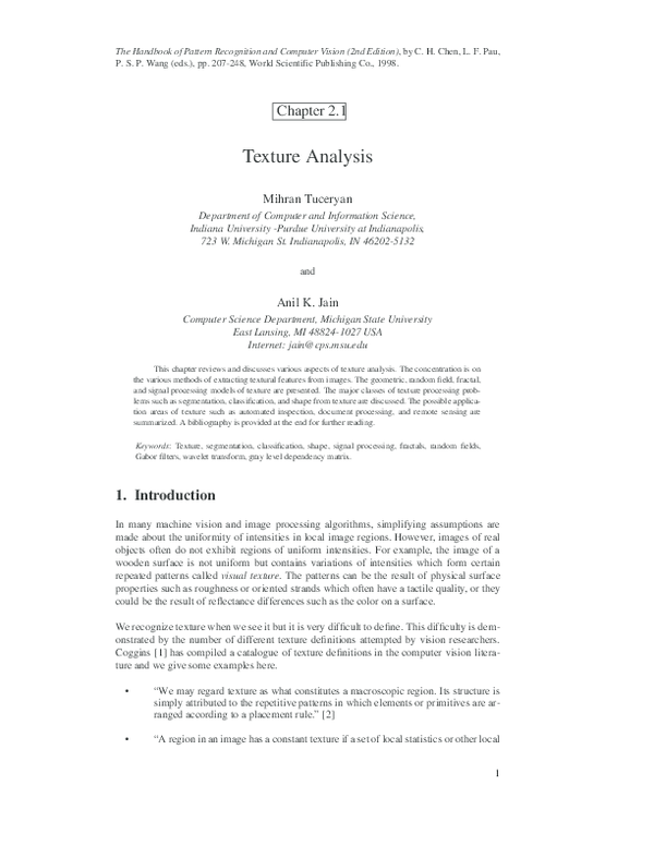 Pdf Texture Analysis In Handbook Of Pattern Recognition And Computer Vision