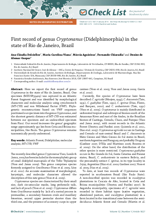 (PDF) First record of genus Cryptonanus (Didelphimorphia) in the state ...