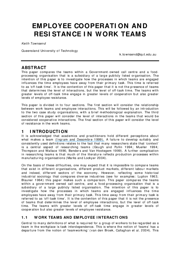 (PDF) Employee Cooperation and Resistance in Work Teams