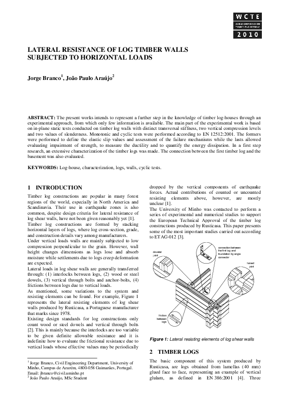 (PDF) Lateral resistance of log timber walls subjected to horizontal loads