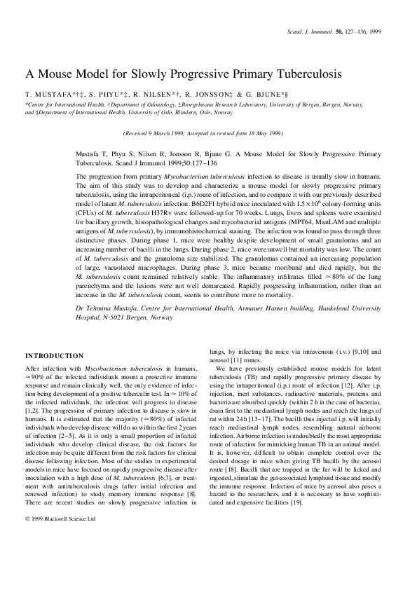 (PDF) A Mouse Model for Slowly Progressive Primary Tuberculosis