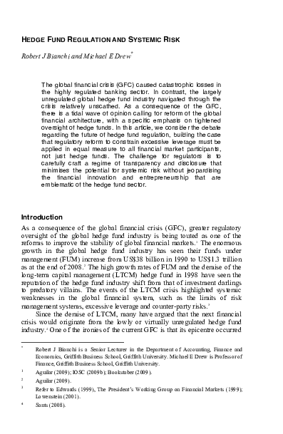 (PDF) Hedge Fund Regulation and Systemic Risk