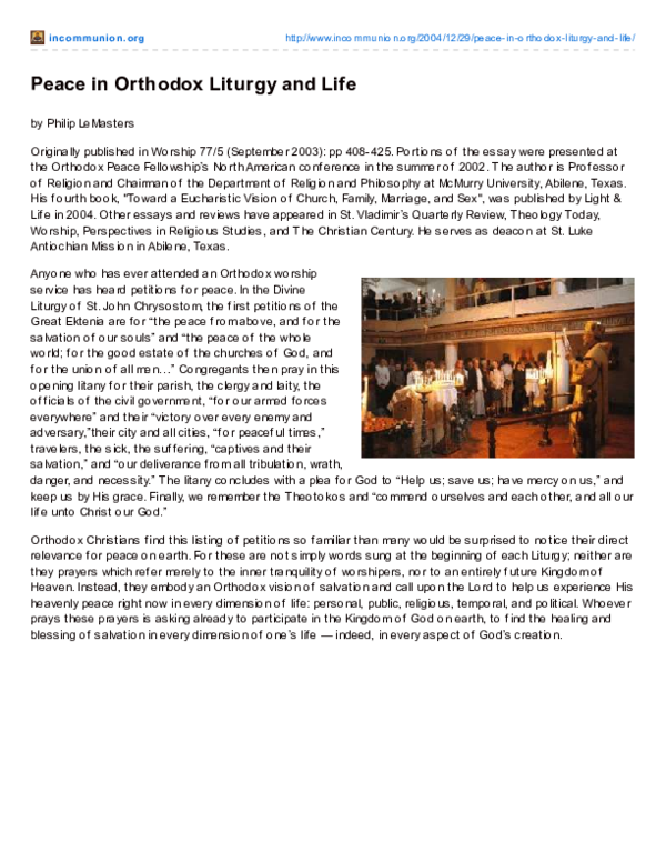 (PDF) Peace in Orthodox Liturgy and Life
