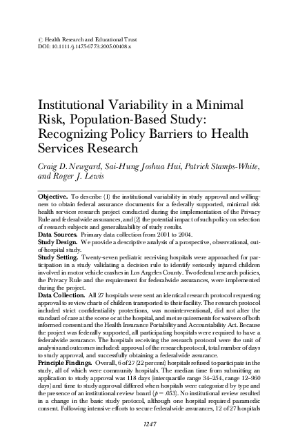 (PDF) Institutional Variability in a Minimal Risk, Population-Based ...