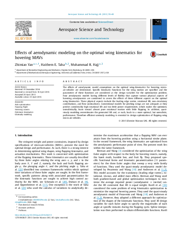 (PDF) Effect of Aerodynamic Modeling on Optimum Wing Kinematics for Hovering MAVs