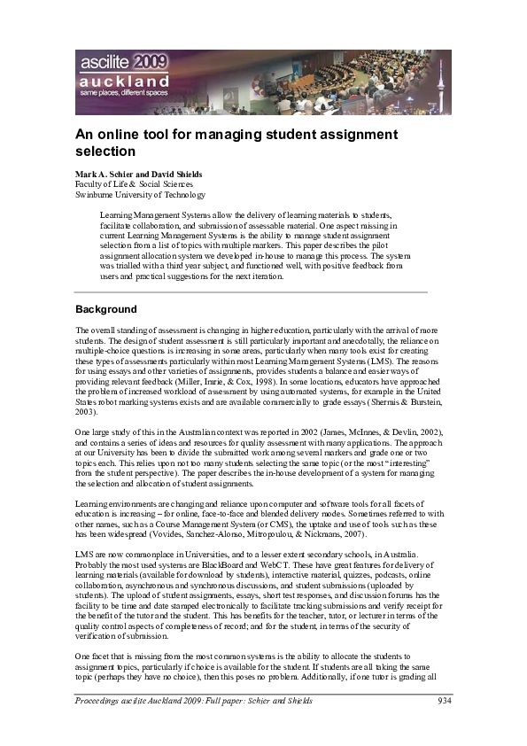 (PDF) An online tool for managing student assignment selection