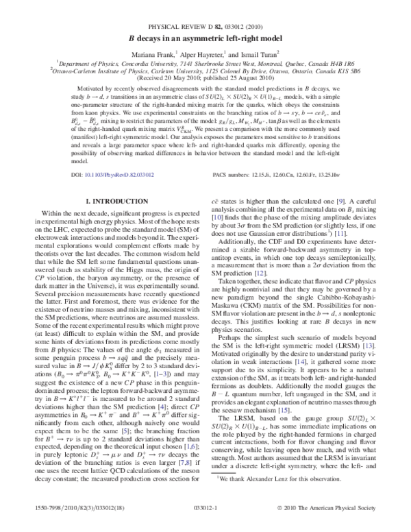 (PDF) B decays in an asymmetric left-right model
