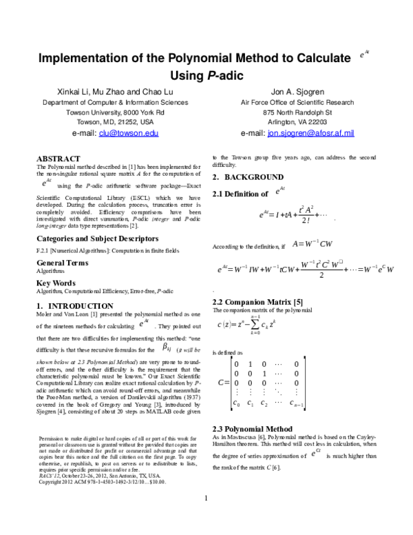 Doc Implementation Of The Polynomial Method To Calculate E At Using P