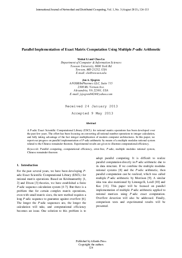 Pdf Parallel Implementation Of Exact Matrix Computation Using 9280