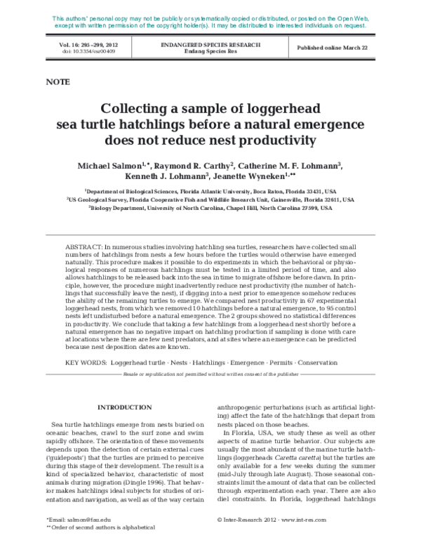 (PDF) Collecting a sample of loggerhead sea turtle hatchlings before a ...