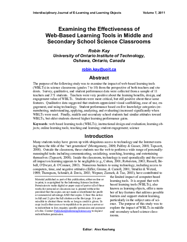 Pdf Examining The Effectiveness Of Web Based Learning Tools In Middle And Secondary School