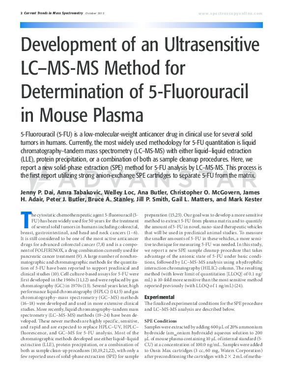 (PDF) DEVELOPMENT OF AN ULTRASENSITIVE LC–MS-MS METHOD FOR DETERMINATION OF 5-FLUOROURACIL IN ...