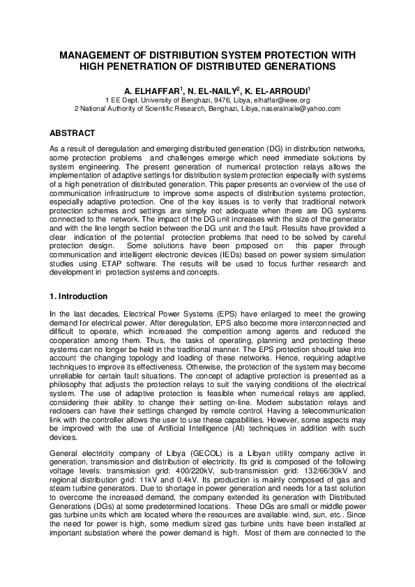 Pdf Management Of Distribution System Protection With High Penetration Of Distributed Generations