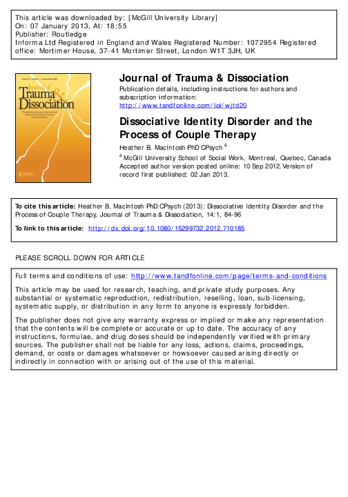 (PDF) Dissociative Identity Disorder and the Process of Couple Therapy