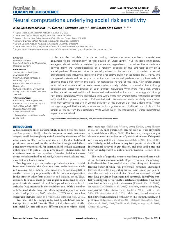 (PDF) Neural computations underlying social risk sensitivity. Frontiers in Human Neuroscience, 6 ...