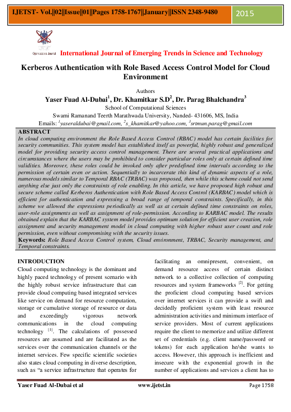 (PDF) Kerberos Authentication with Role Based Access Control Model for Cloud Environment