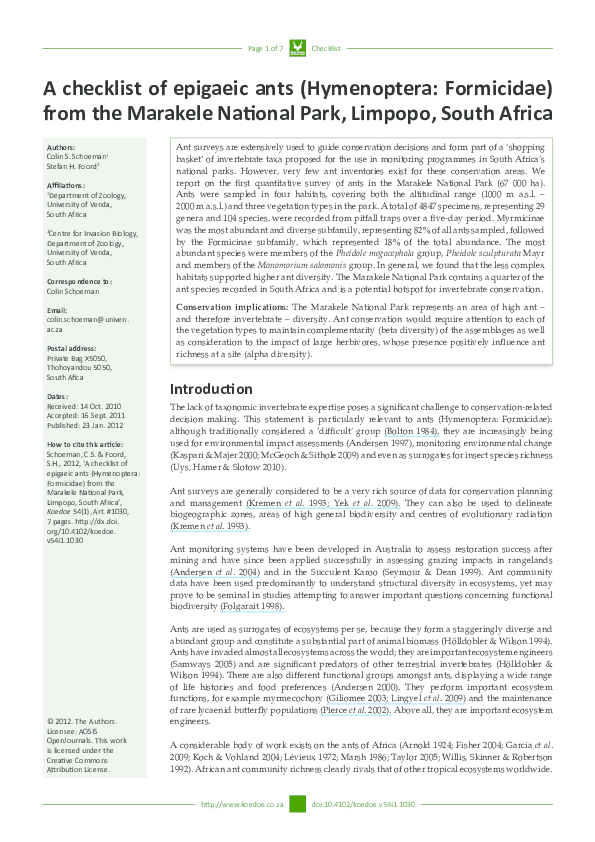(PDF) A checklist of epigaeic ants (Hymenoptera: Formicidae) from the Marakele National Park ...