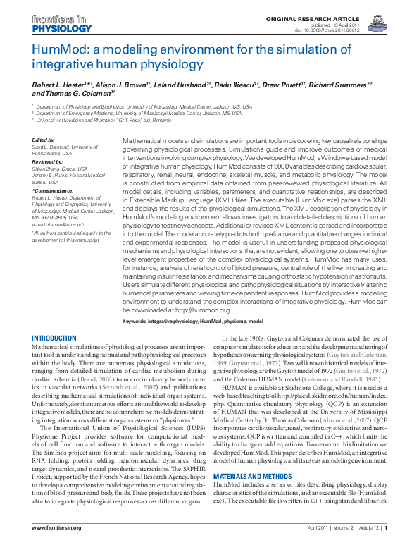 (PDF) HumMod: A Modeling Environment for the Simulation of Integrative Human Physiology