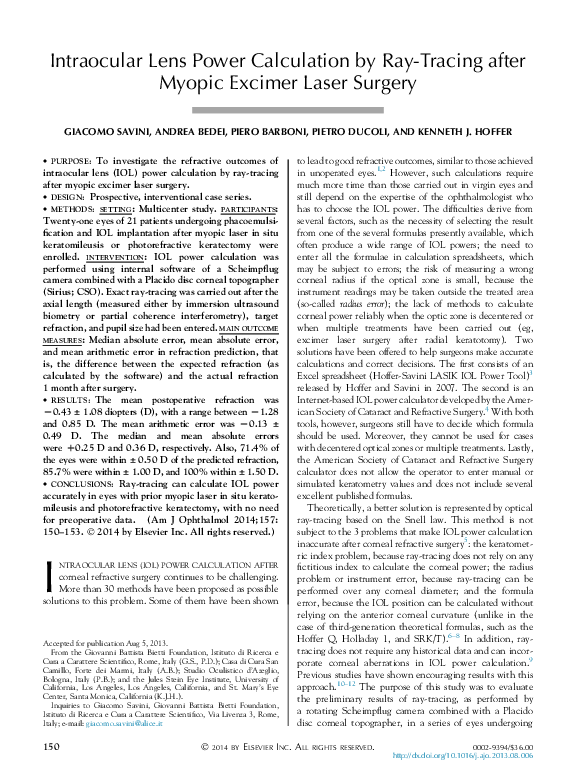 (PDF) Intraocular Lens Power Calculation by Ray-Tracing after Myopic Excimer Laser Surgery