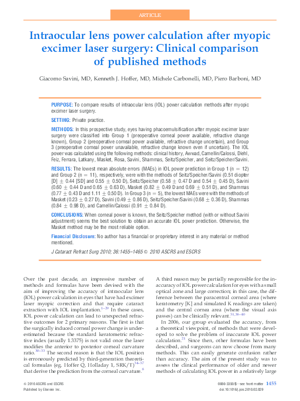 (PDF) Intraocular lens power calculation after myopic excimer laser surgery: Clinical comparison ...