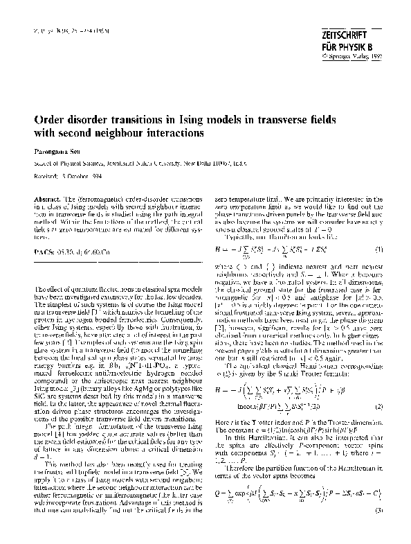 (PDF) Order disorder transitions in Ising models in transverse fields with second neighbour ...