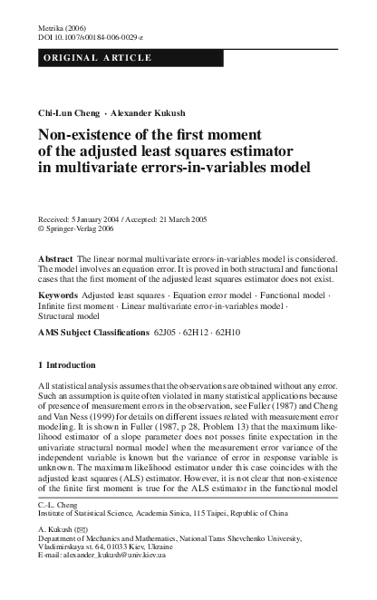 (PDF) Non-Existence of the First Moment of the Adjusted Least Squares Estimator in Multivariate ...