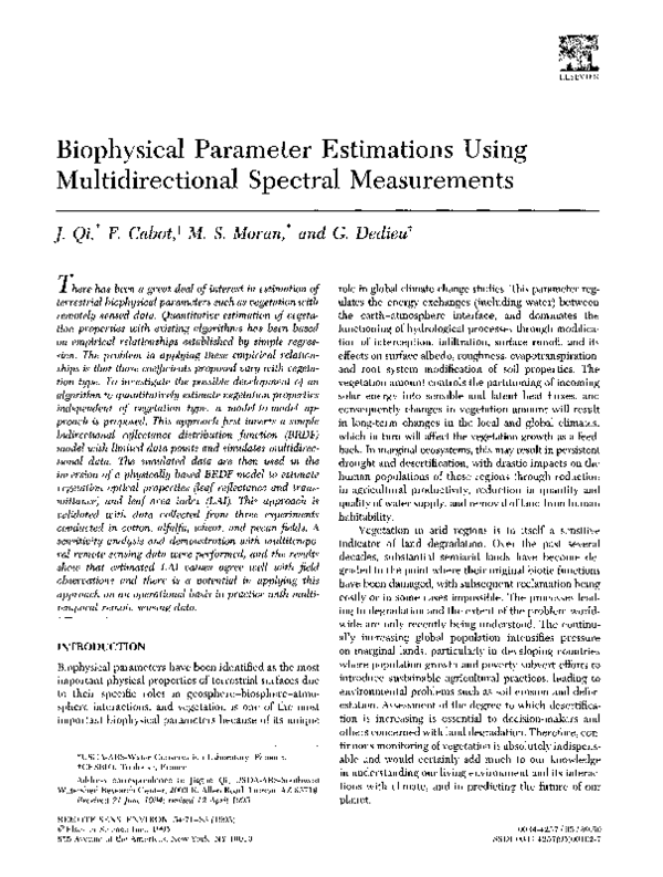 (PDF) Biophysical parameter estimations using multidirectional spectral measurements