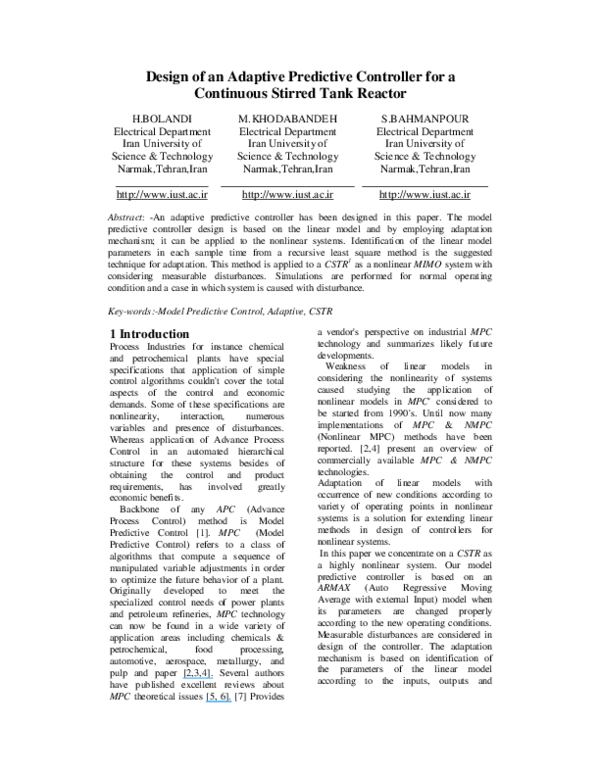 (PDF) Design of an Adaptive Predictive Controller for a Continuous Stirred Tank Reactor