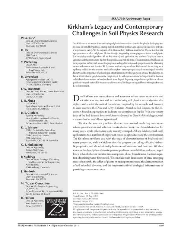 (PDF) Kirkham's Legacy and Contemporary Challenges in Soil Physics Research