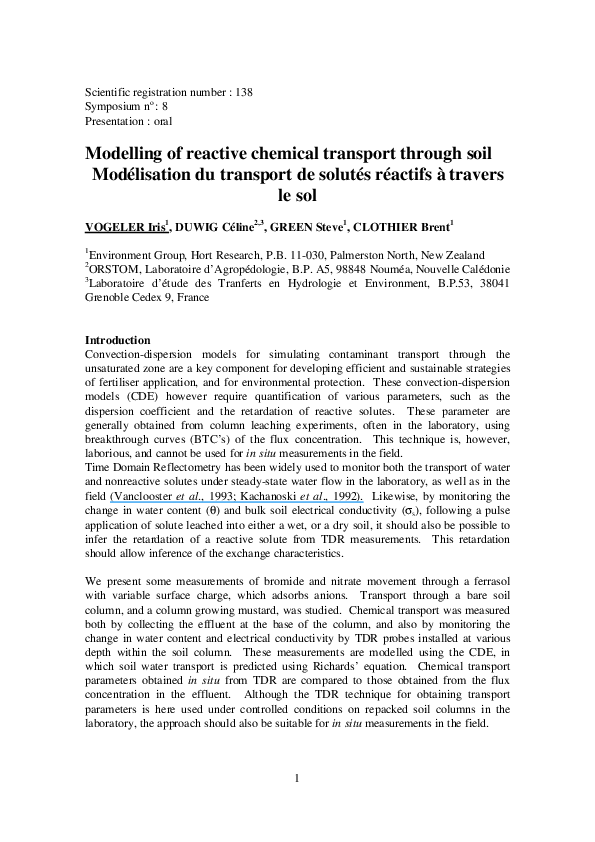 (PDF) Modelling of reactive chemical transport through soil