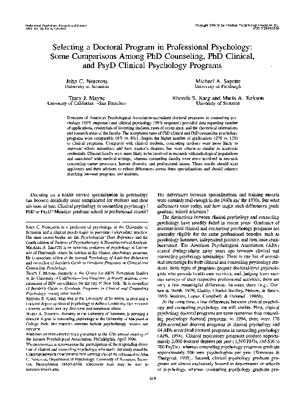 (PDF) Selecting a doctoral program in professional psychology: Some ...